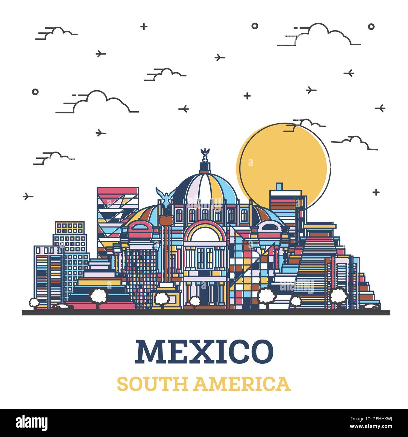 Outline Mexico City Skyline with Colored Historic Buildings Isolated on ...