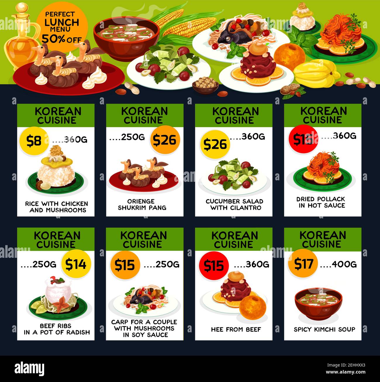 Korean cuisine restaurant menu card with asian lunch dish. Kimchi soup ...