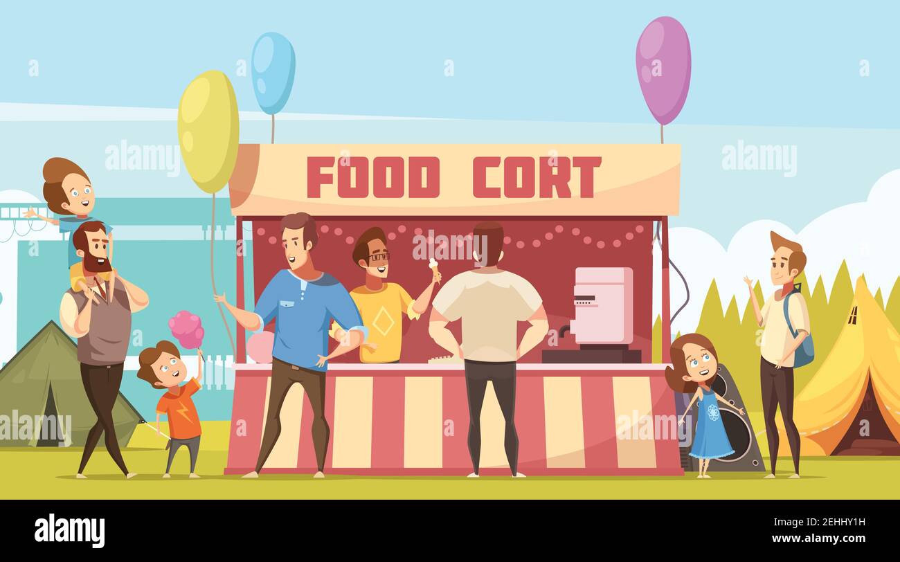Open air festival camping area retro cartoon banner with food court ...