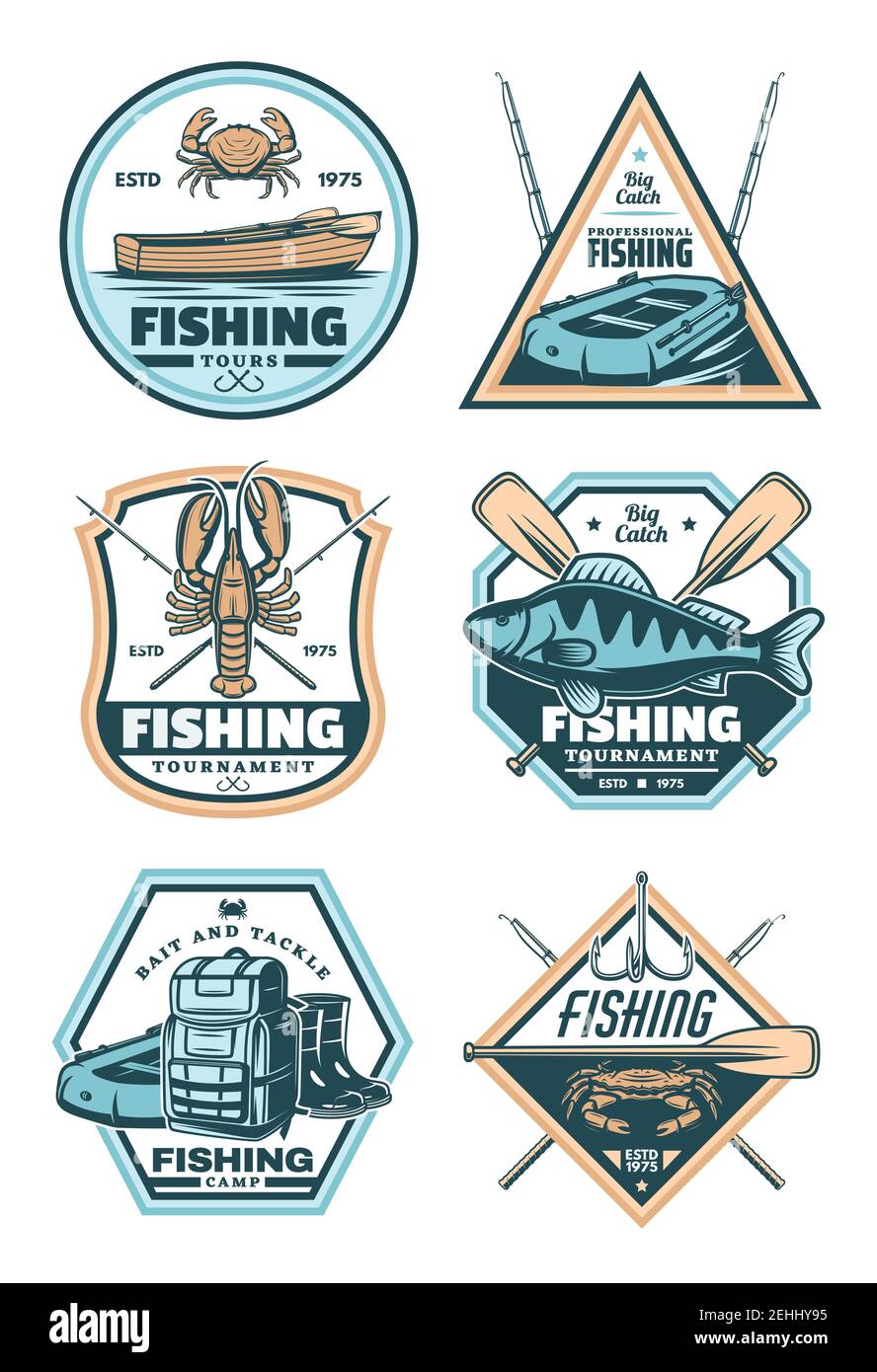 Fishing sport vintage shield badge with fisherman equipment and fish ...