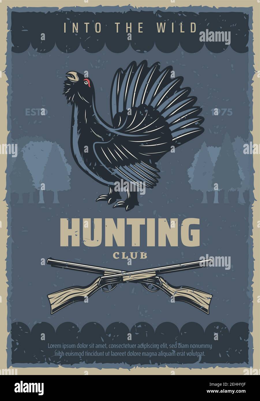Hunting sport club vintage banner with forest bird and hunter rifle ...