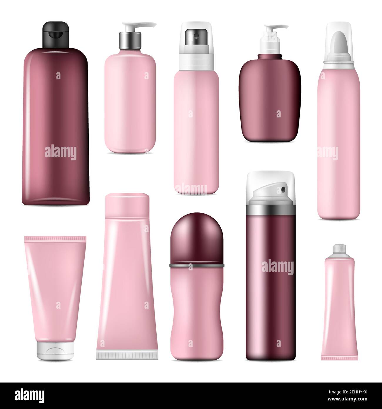 Cosmetic bottles and liquid containers mock up made up of pink plastic ...