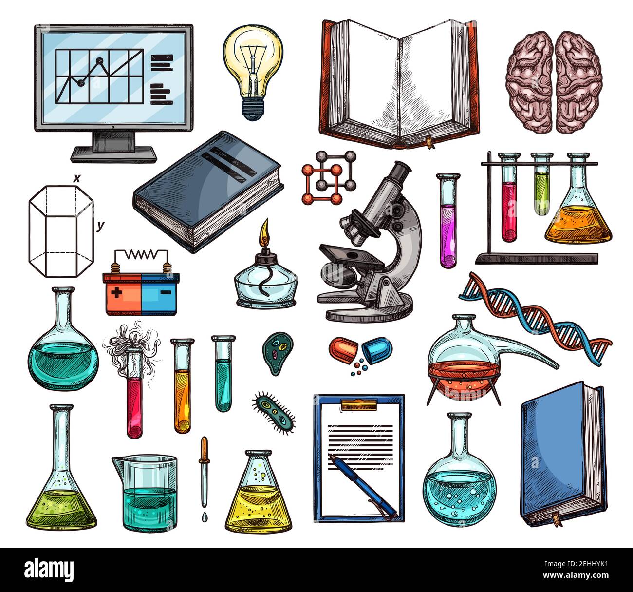 Science and laboratory research sketches. Chemical experiment equipment ...