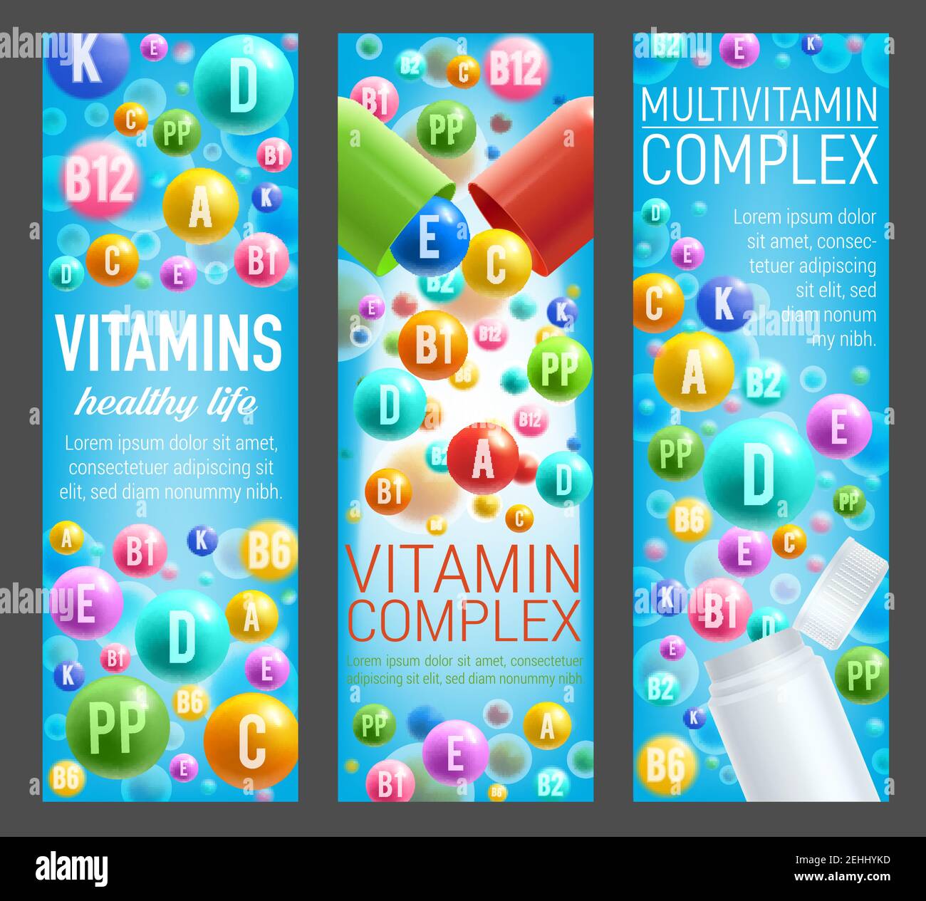 Vitamins or multivitamin complex banners for healthy food and nutrition ...