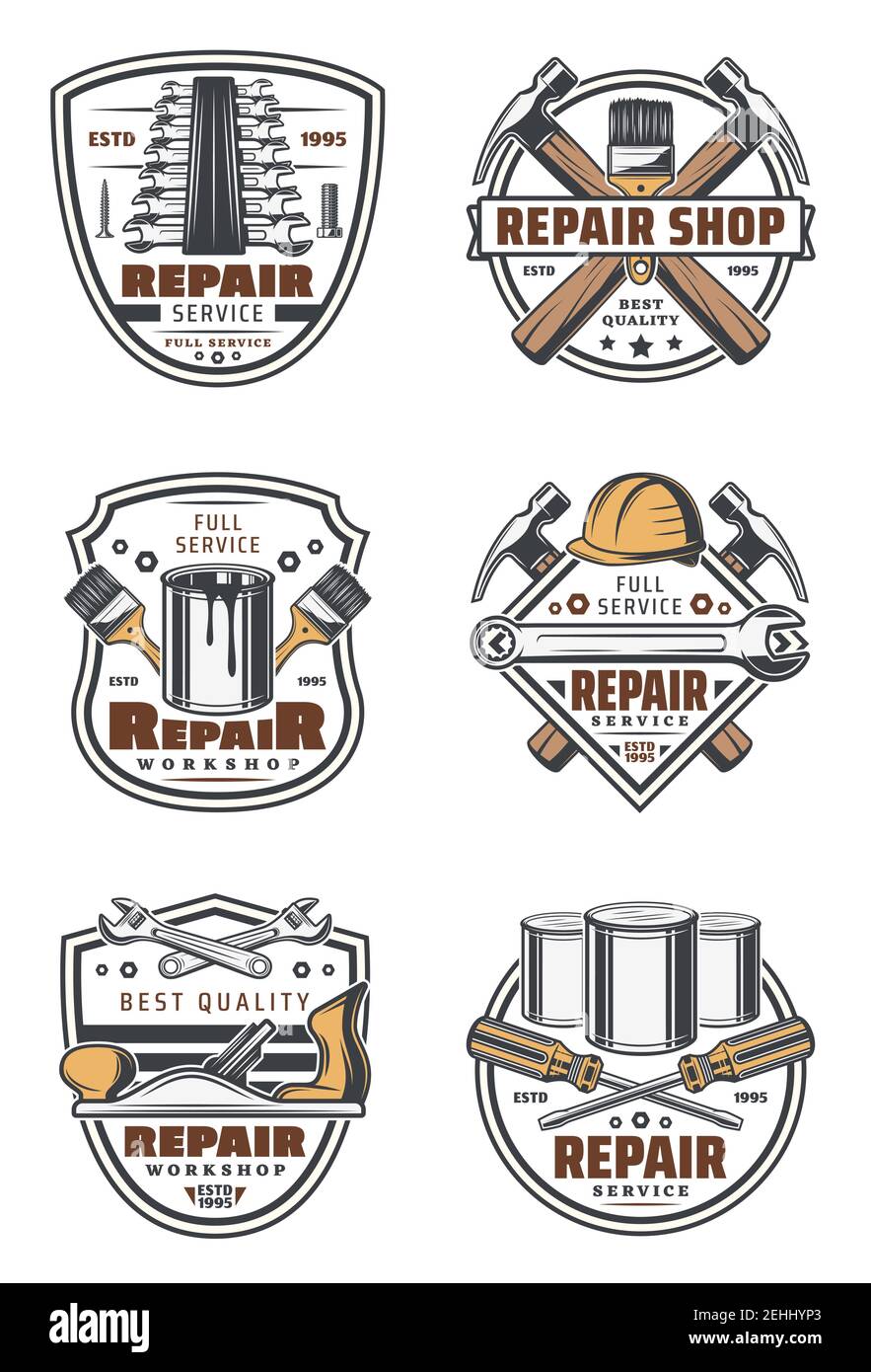 House repair service retro badges with work tools on shields. Hammer ...