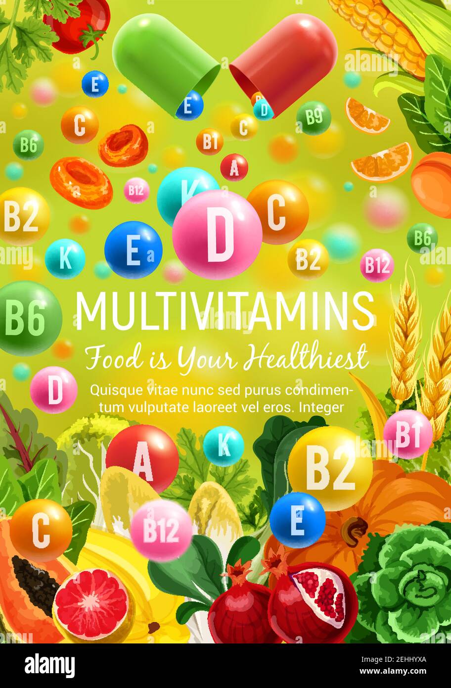 Multivitamins in natural fruits, cereals and vegetables for healthy ...