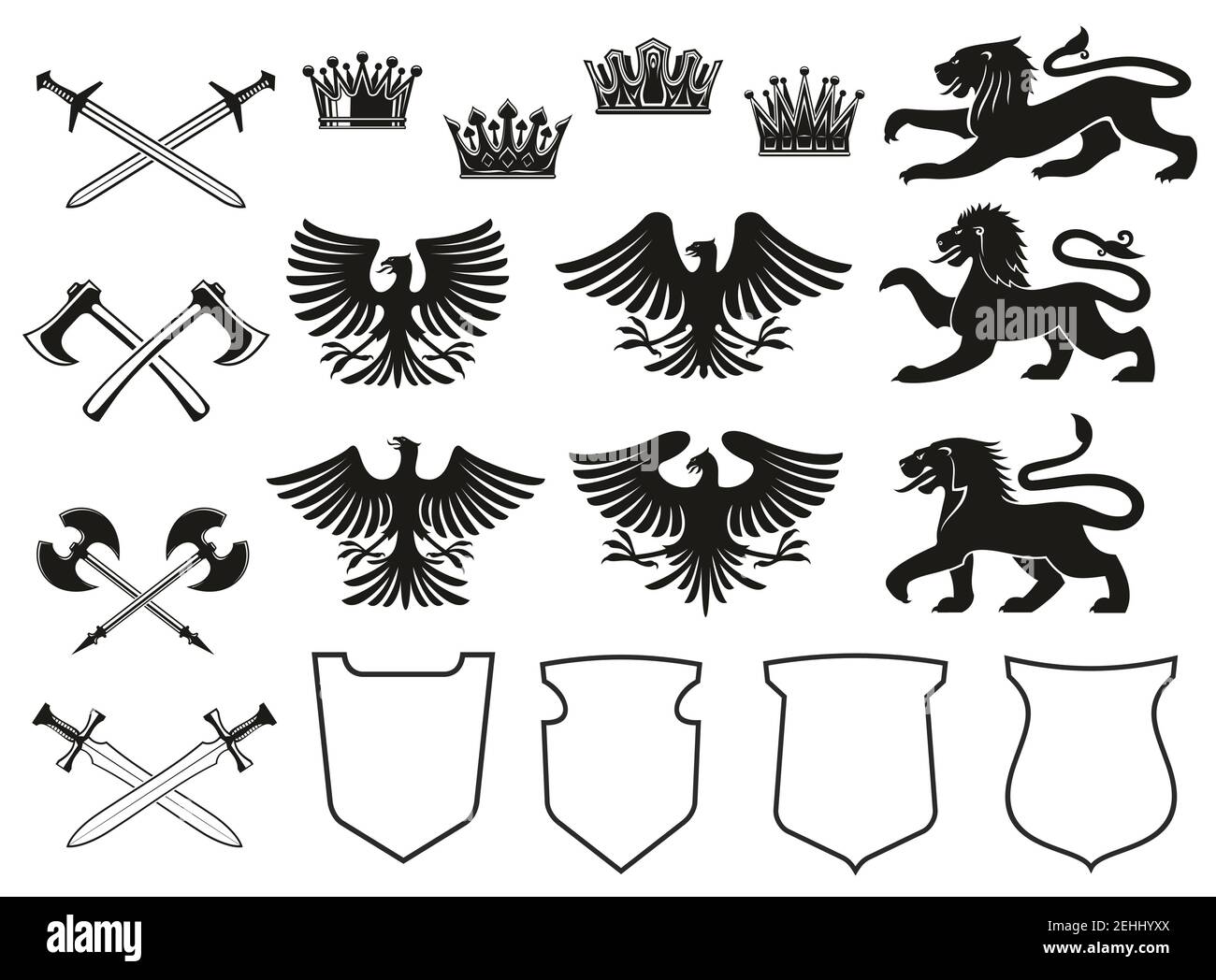 Heraldic element set of bird, animal and crown, medieval shield and ...
