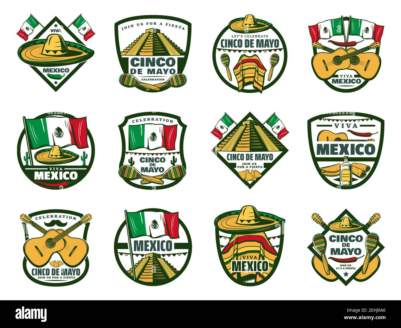 Cinco de Mayo mexican holiday label set. Sombrero, maracas and guitar ...