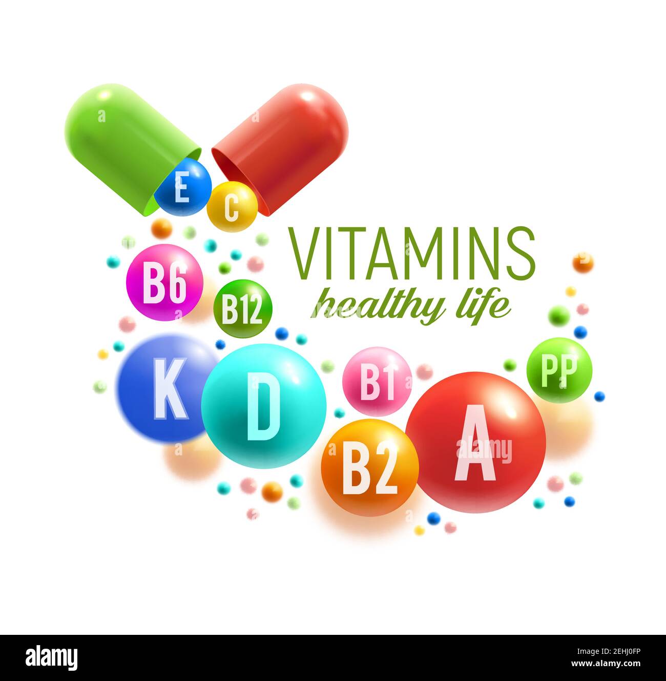 Vitamin for healthy life poster. Colorful pill and ball of multivitamin ...