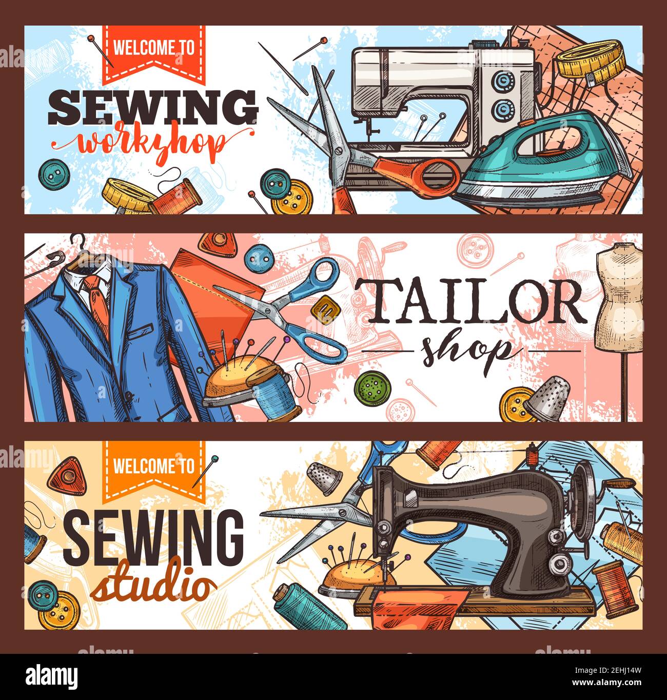 Sewing studio and tailor shop banner with atelier and dressmaker tool ...