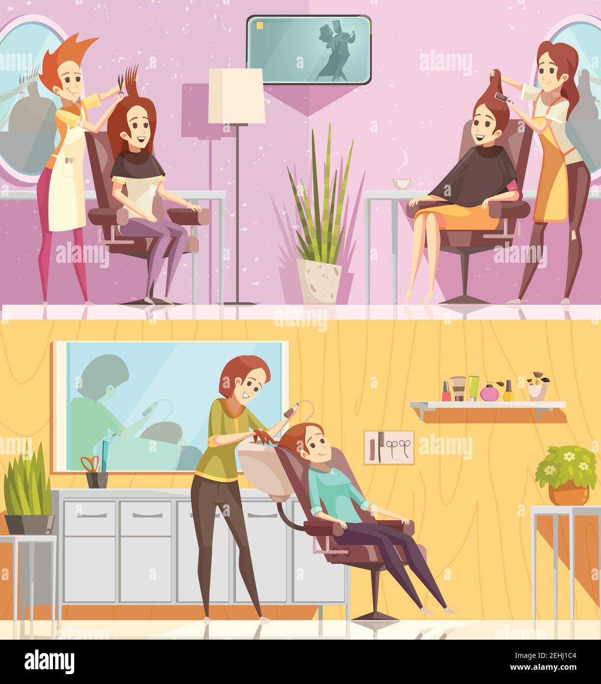 Hair salon service 2 retro cartoon horizontal banners set with styling ...