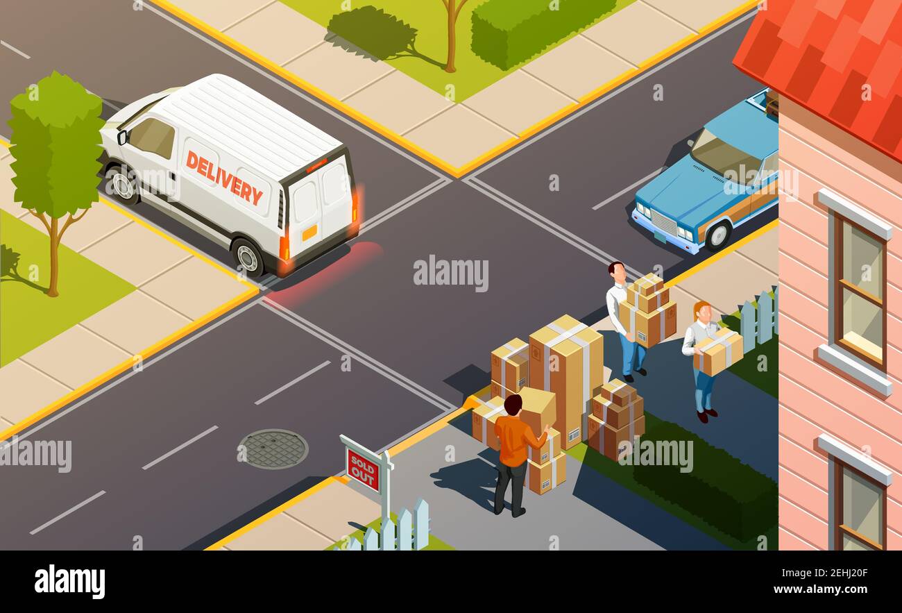 Moving people isometric urban composition with delivery service car and ...