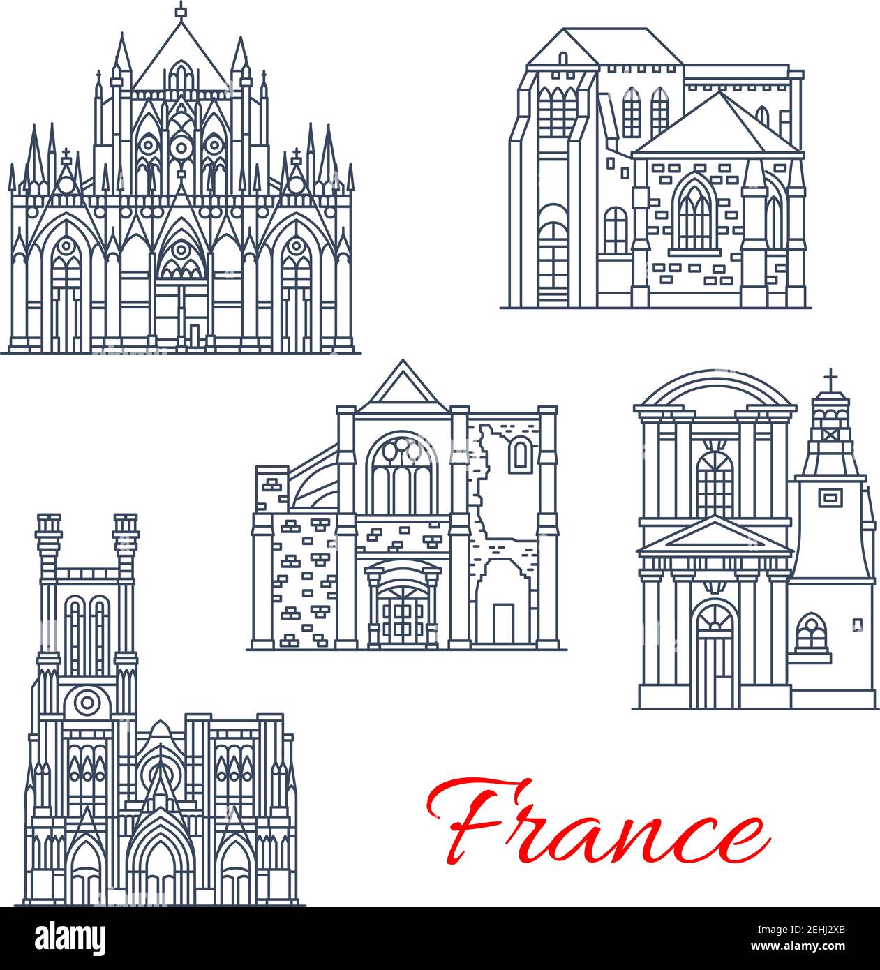 France architecture landmarks and famous historic buildings thin line ...