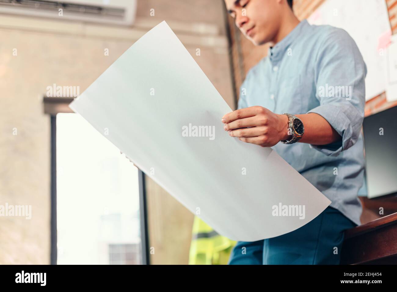 industry manager, engineer, businessman reading and checking blueprint ...