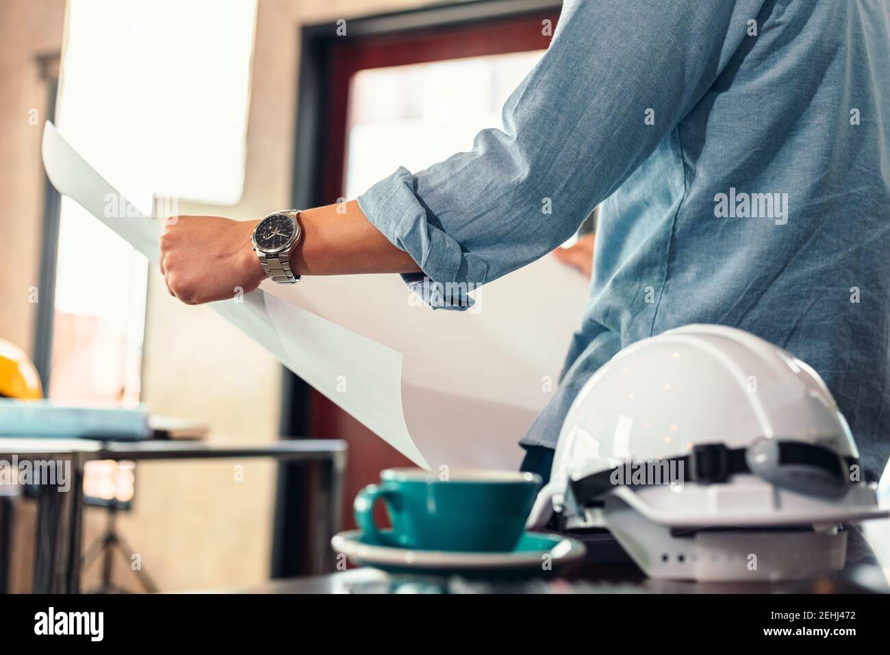 industry manager, engineer, businessman reading and checking blueprint ...