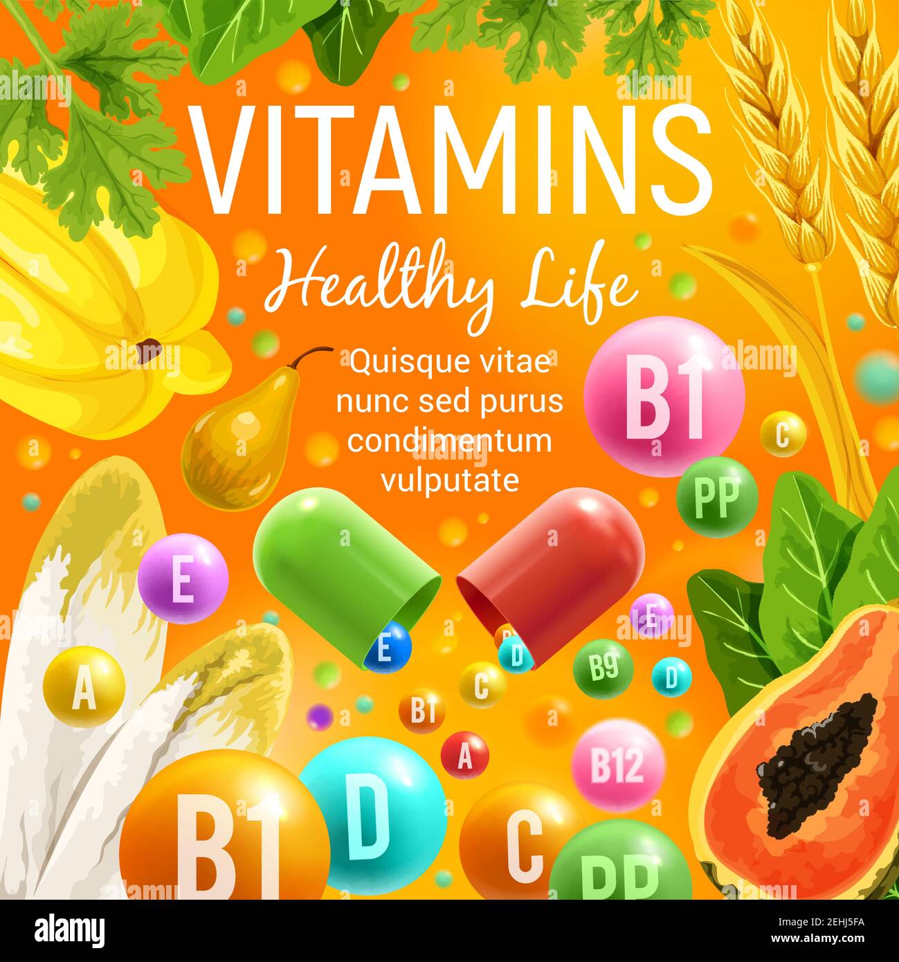 Vitamins in healthy food fruits, vegetables and salads. Vector poster ...