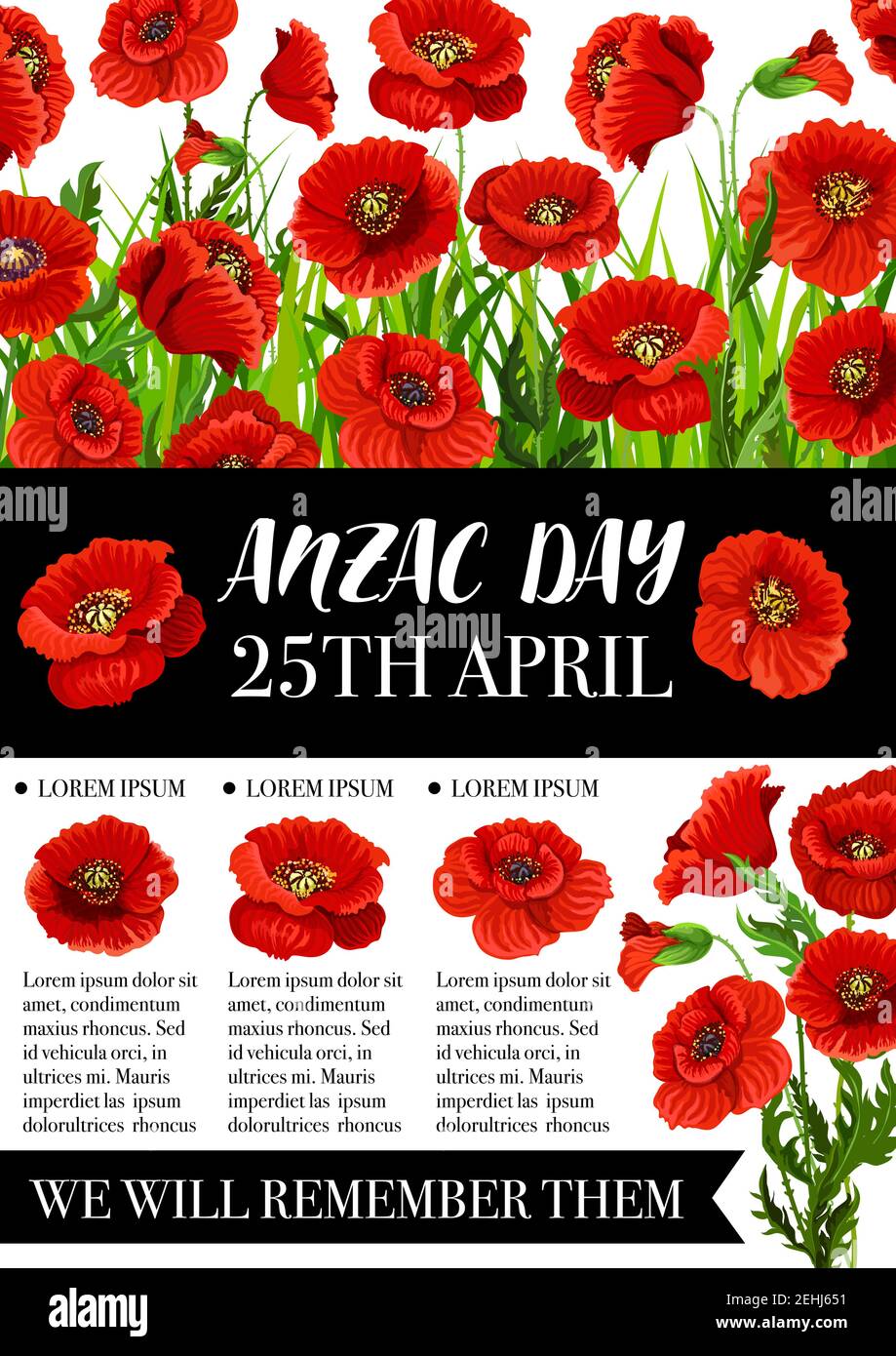 Anzac Day memorial banner with red poppy field and black ribbon ...