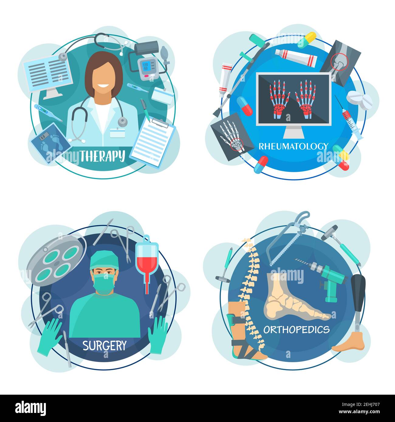 Doctor specialist label of surgery, therapy, rheumatology and ...