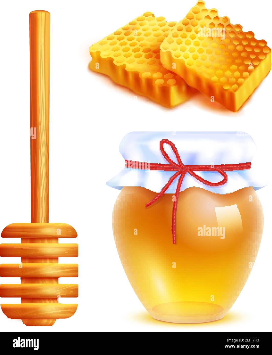 Honey realistic icons set with wooden dipper stick glass jar filled ...