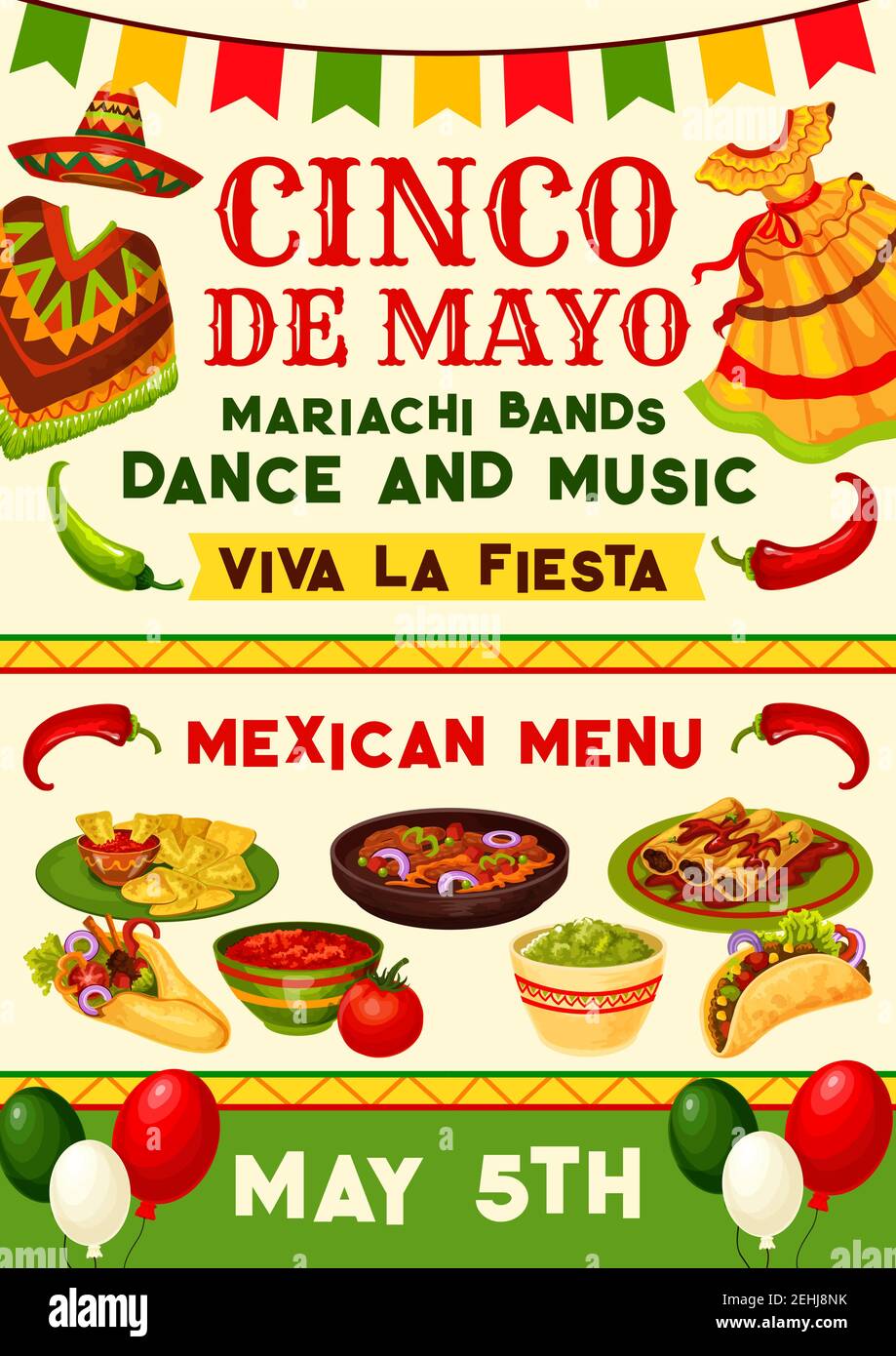 Cinco de Mayo fiesta party poster with mexican holiday traditional food ...
