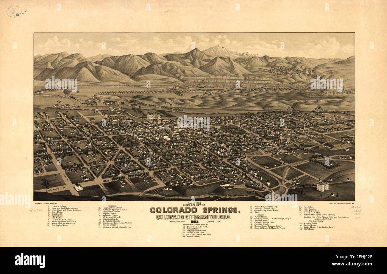 Panoramic bird's eye view of Colorado Springs, Colorado City and ...