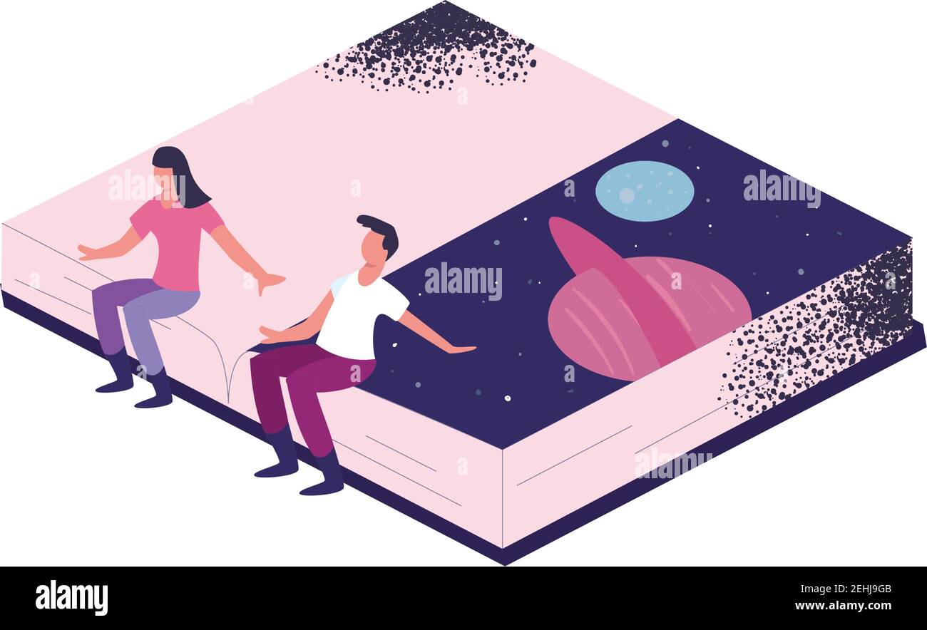 woman and man on isometric space book design, Education literature and ...