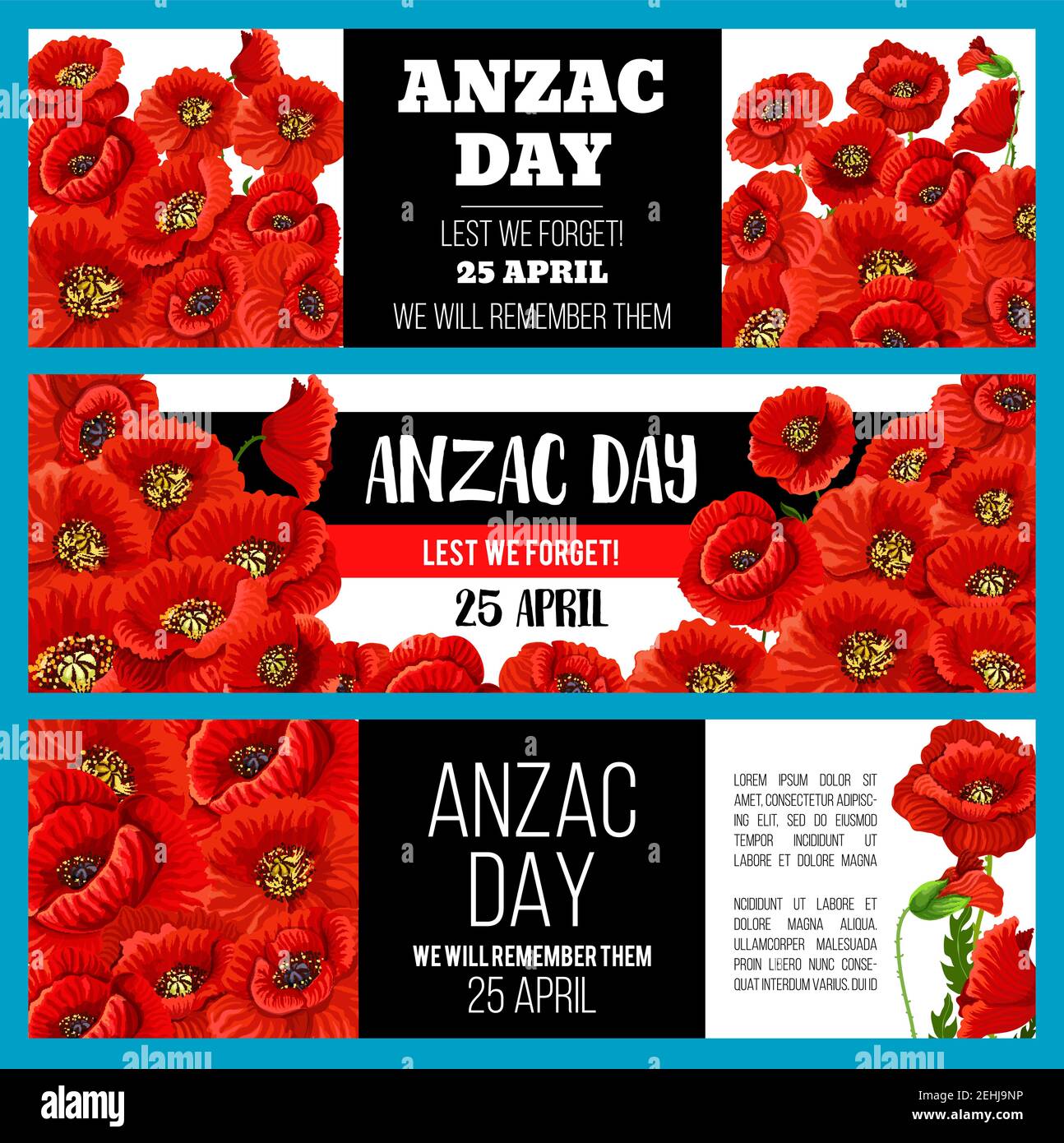 Anzac Day Lest We Forget banner set with red poppy flower bunch. Floral ...