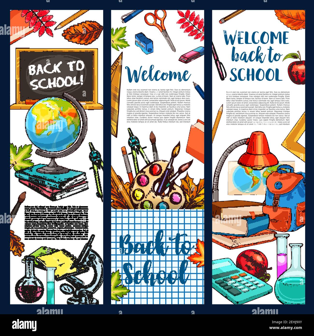 Welcome Back to School banners of lesson stationery, book, pen or ...