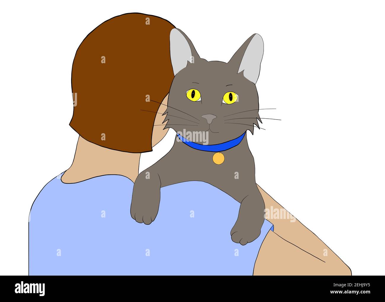 Illustration hand drawn drawing of a grey cat in the arms of a brown ...