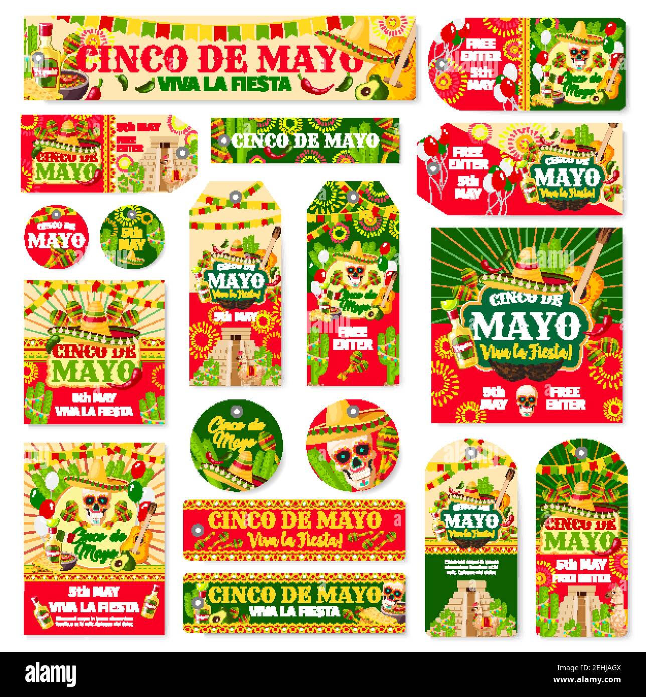Cinco de Mayo tag and fiesta party invitation banner. Mexican holiday ...