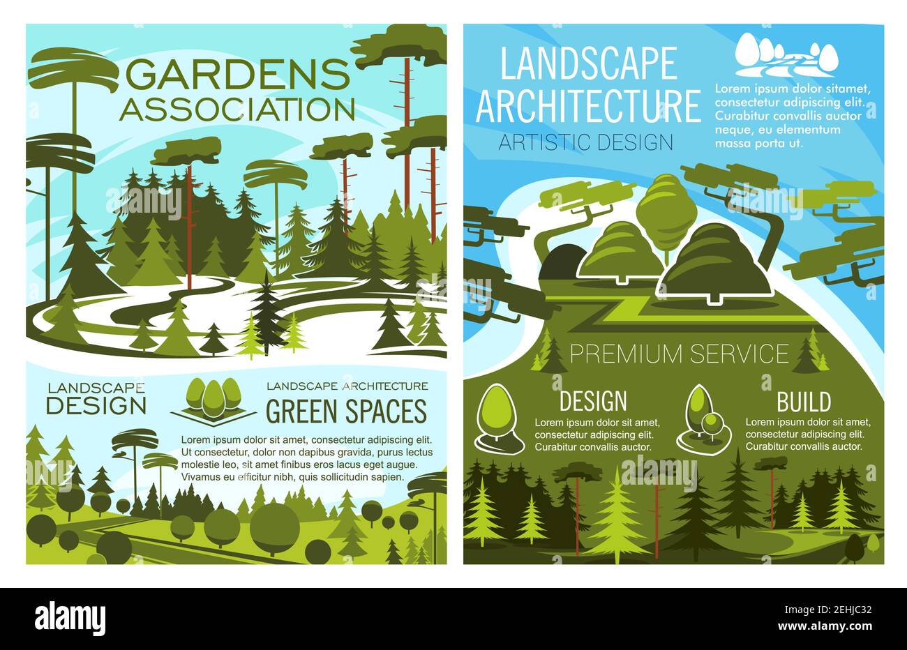 Landscape design and green spaces posters set. Ecology and environment ...