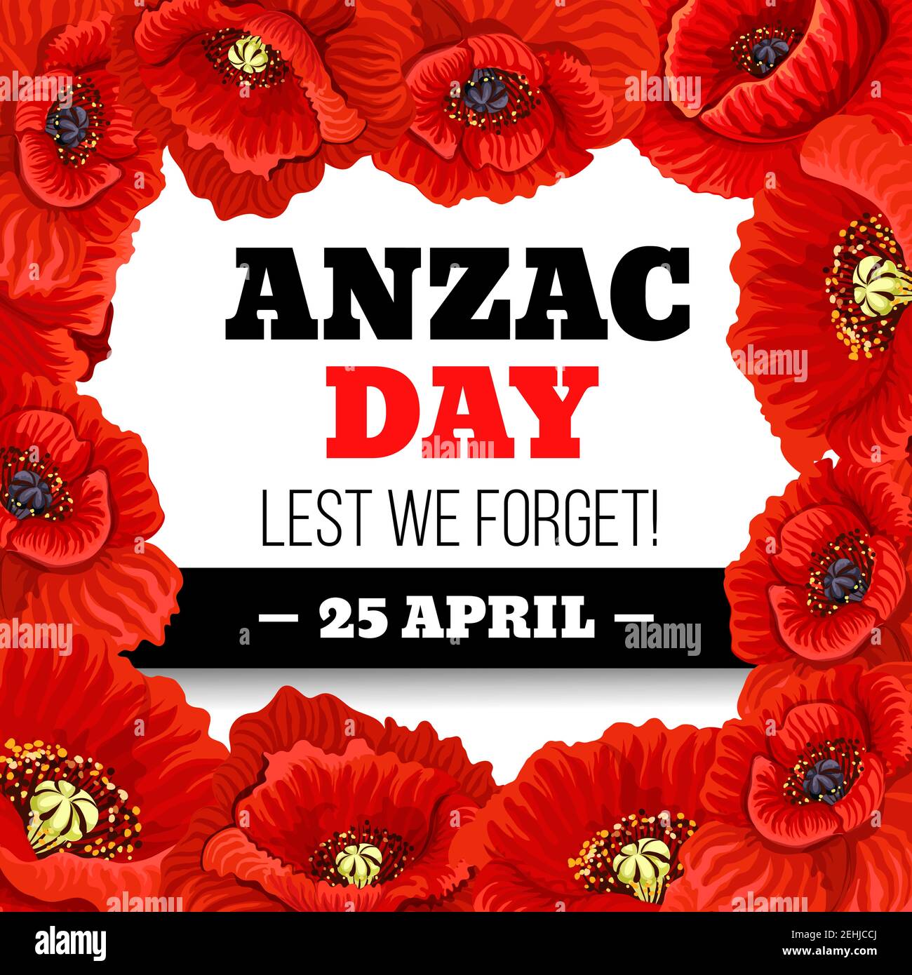 Red poppy flower frame for Anzac Day Lest We Forget memorial card ...