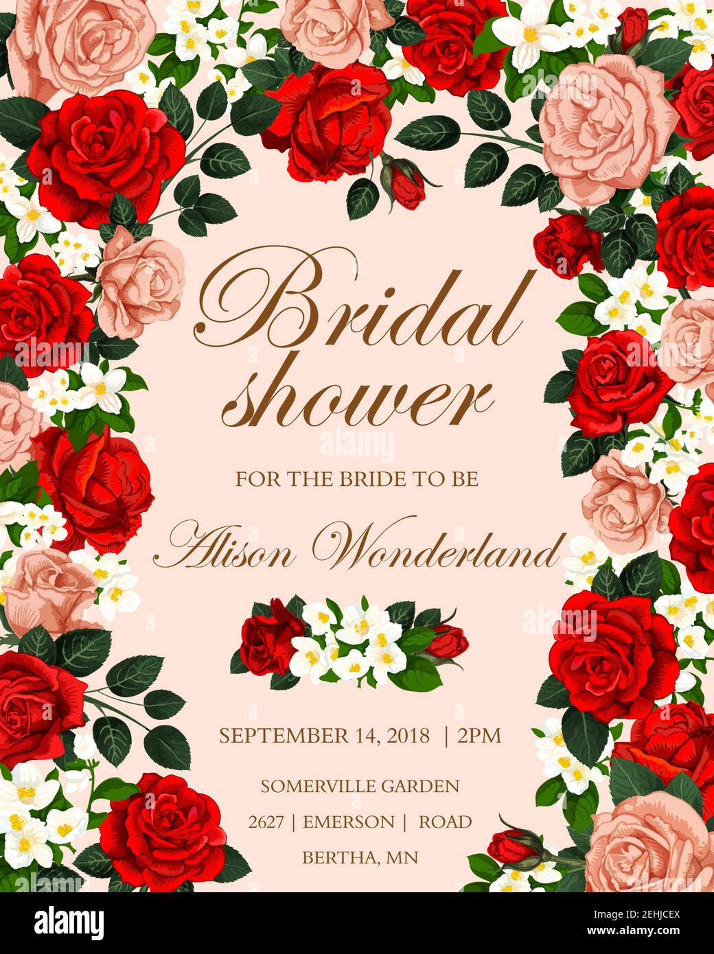 Wedding rose flower banner for bridal shower invitation. Red and pink ...