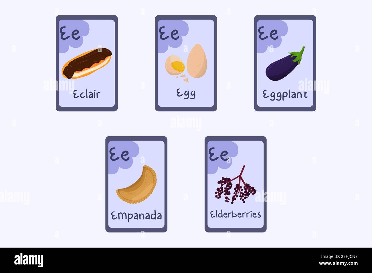 Colorful Phonics flashcard Letter E - eclair, egg, eggplant, empanada ...