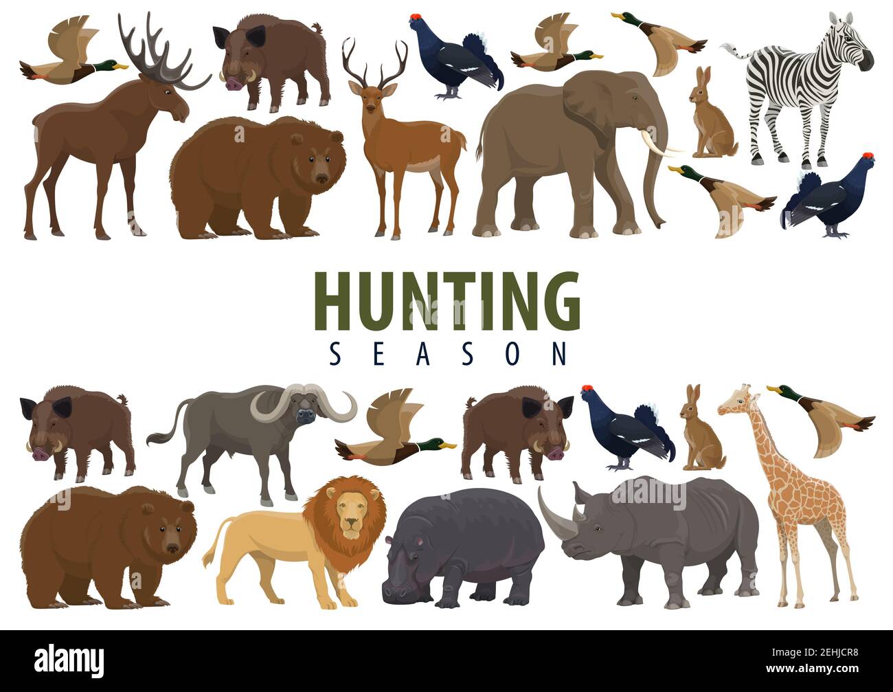 Hunting season banner with border of animal, wild forest bird and ...