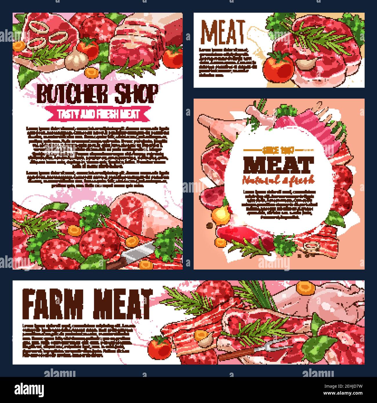 Meat product banners of fresh farm food for butcher shop and bbq ...
