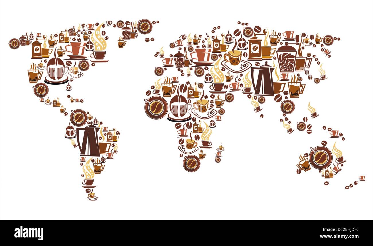World of coffee poster with map of hot drink cup. Coffee pot, grinder ...