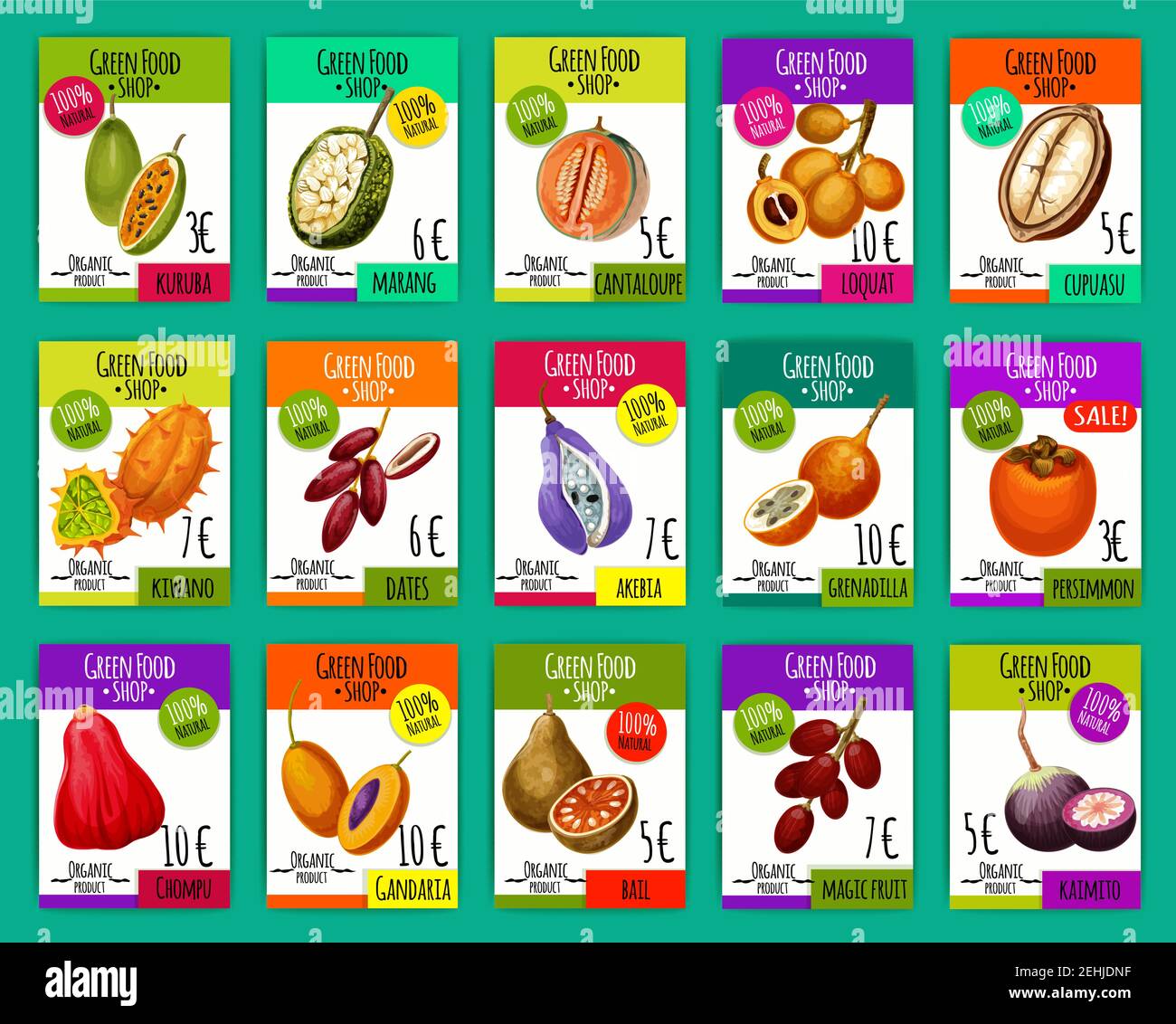 Exotic fruits price cards from food shop. Vector set kuruba and marang ...