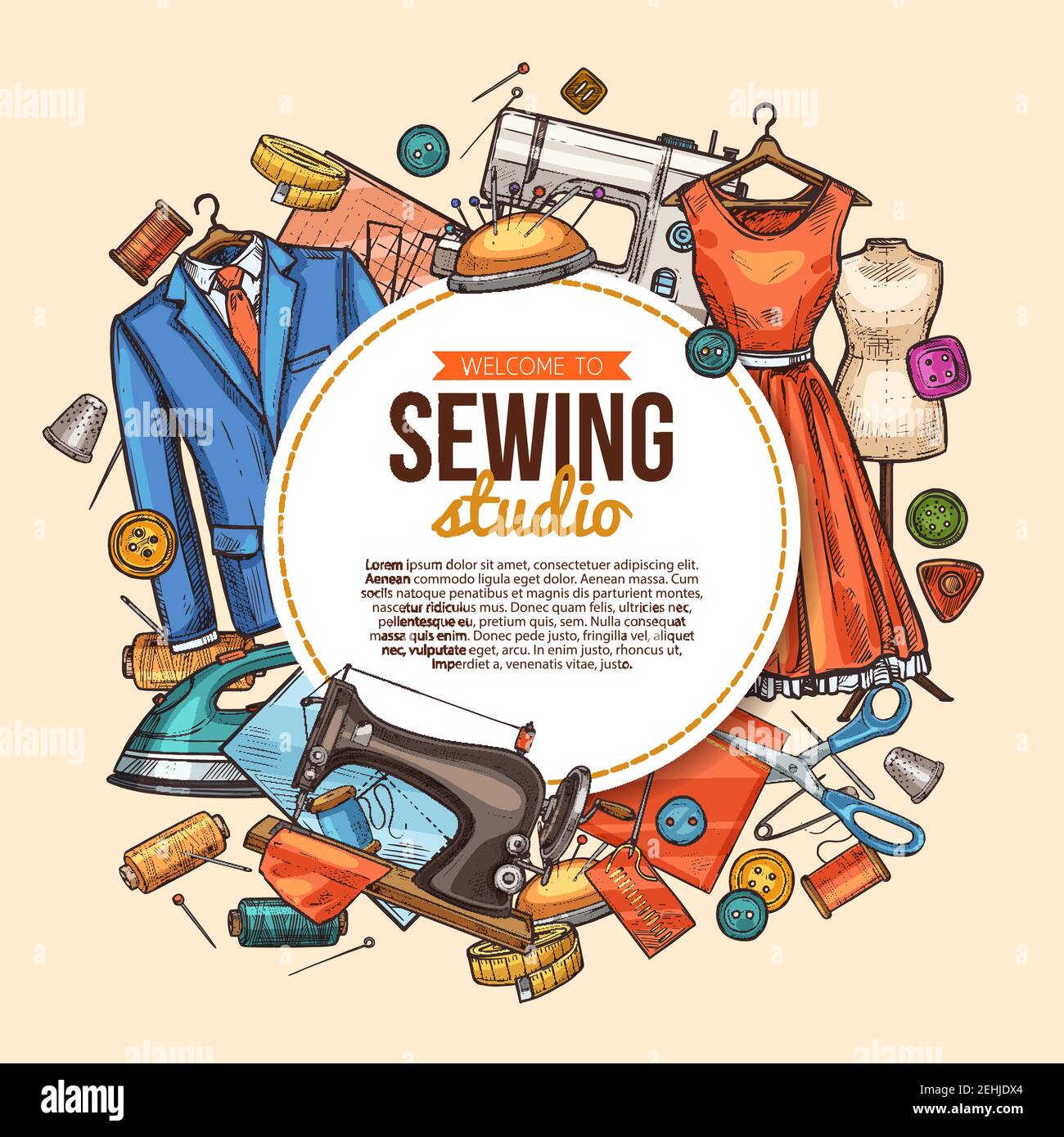 Sewing studio poster with tailor fashion workshop sketch. Atelier or ...