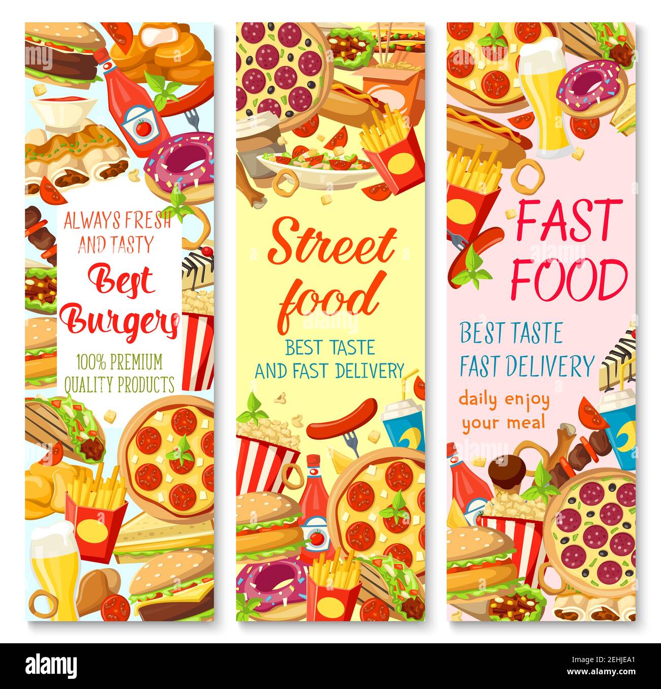 Fast food restaurant banner with burger sandwich and street food snack ...