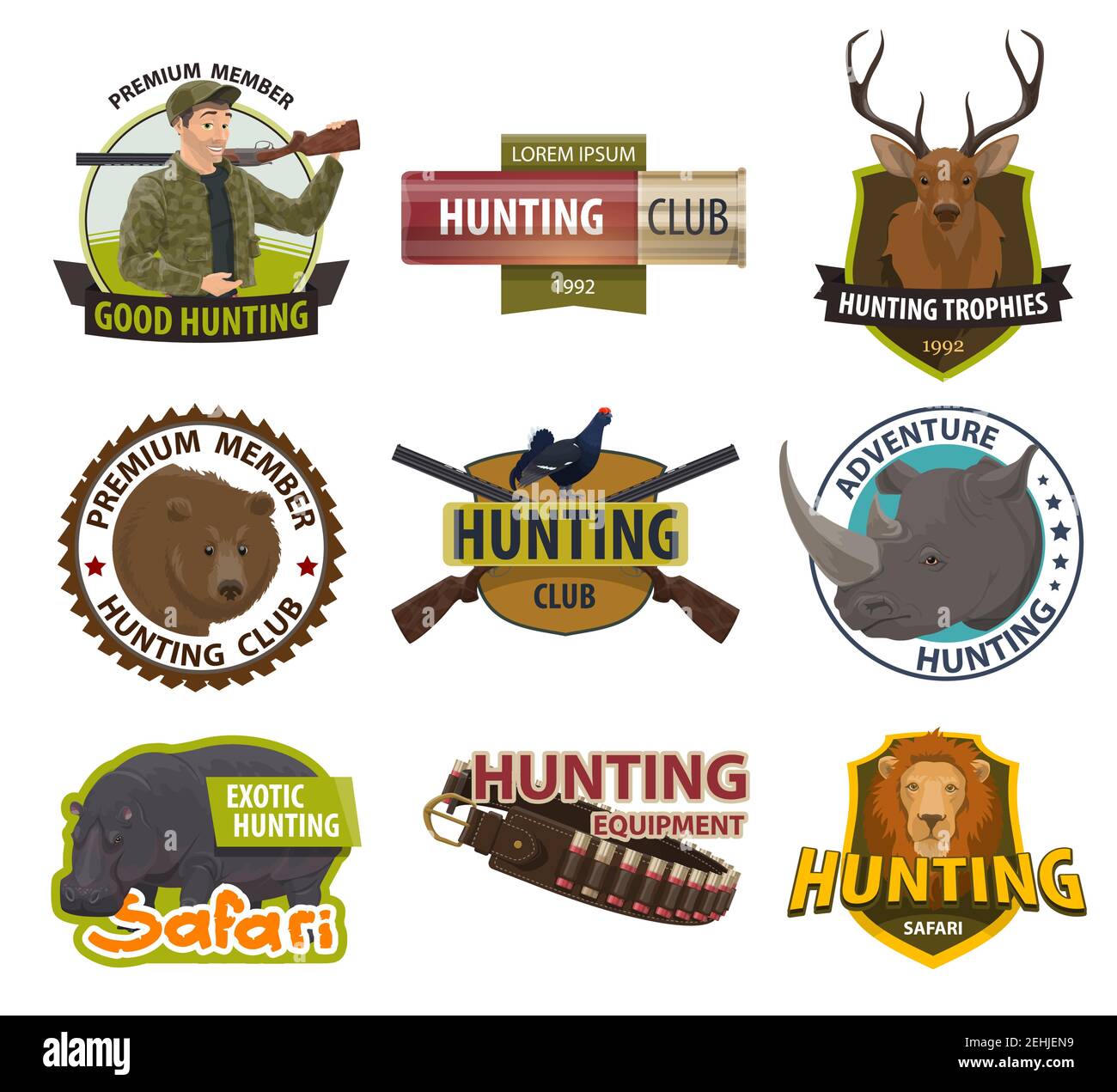 Hunter club member badges or hunting open season icons. Vector premium ...