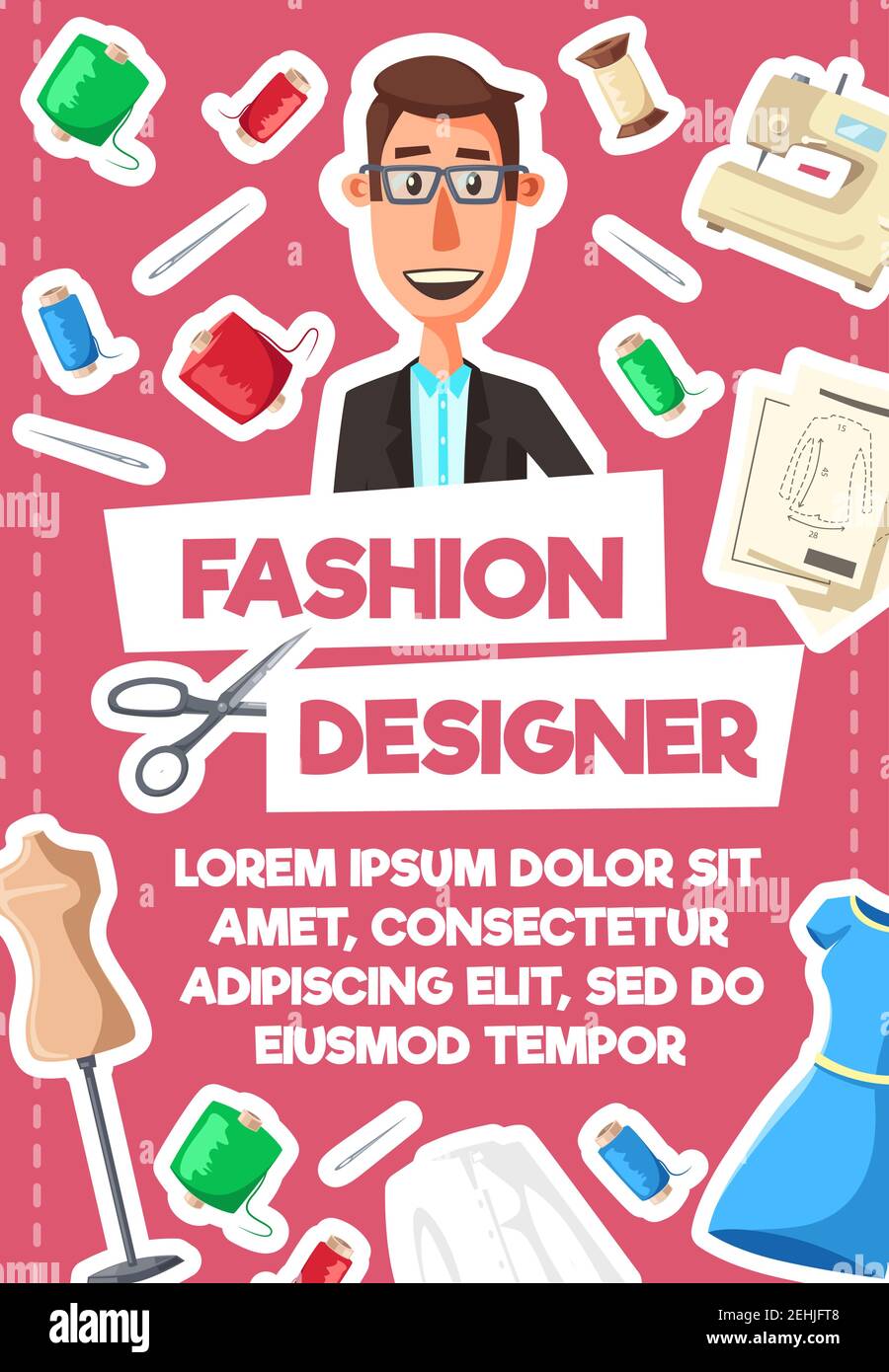 Fashion designer or tailor profession poster with atelier and sewing ...