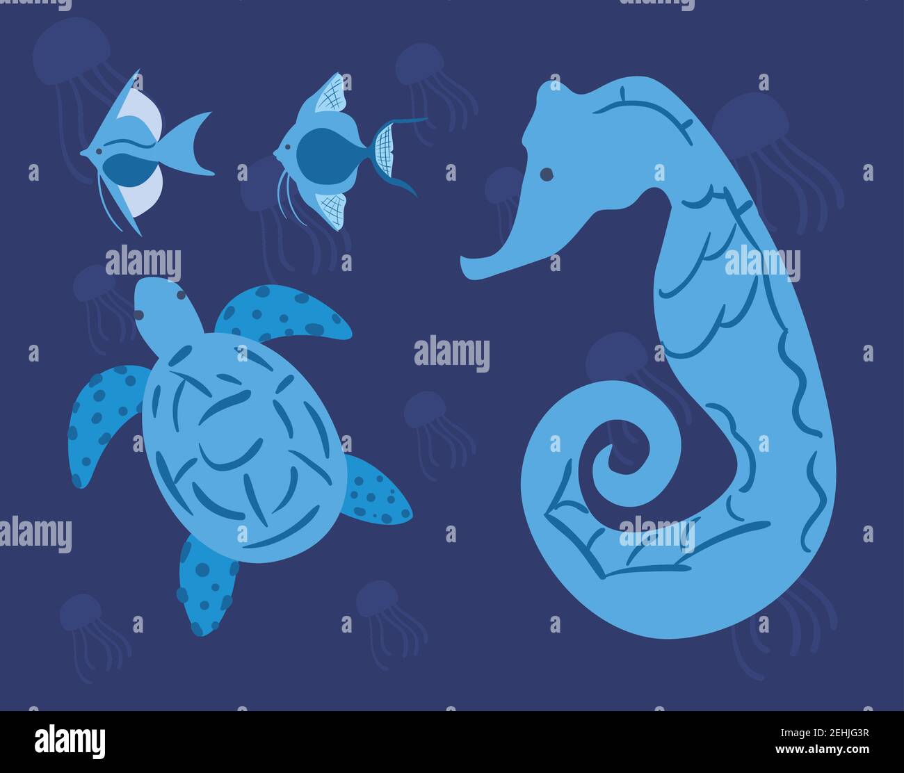 Blue sea animals collection design life ecosystem fauna and ocean theme ...