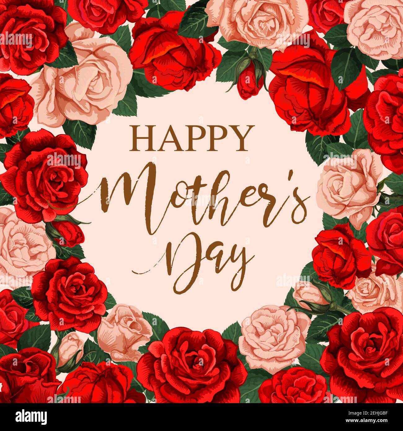 Happy Mothers day greeting card of blooming red roses wreath for ...