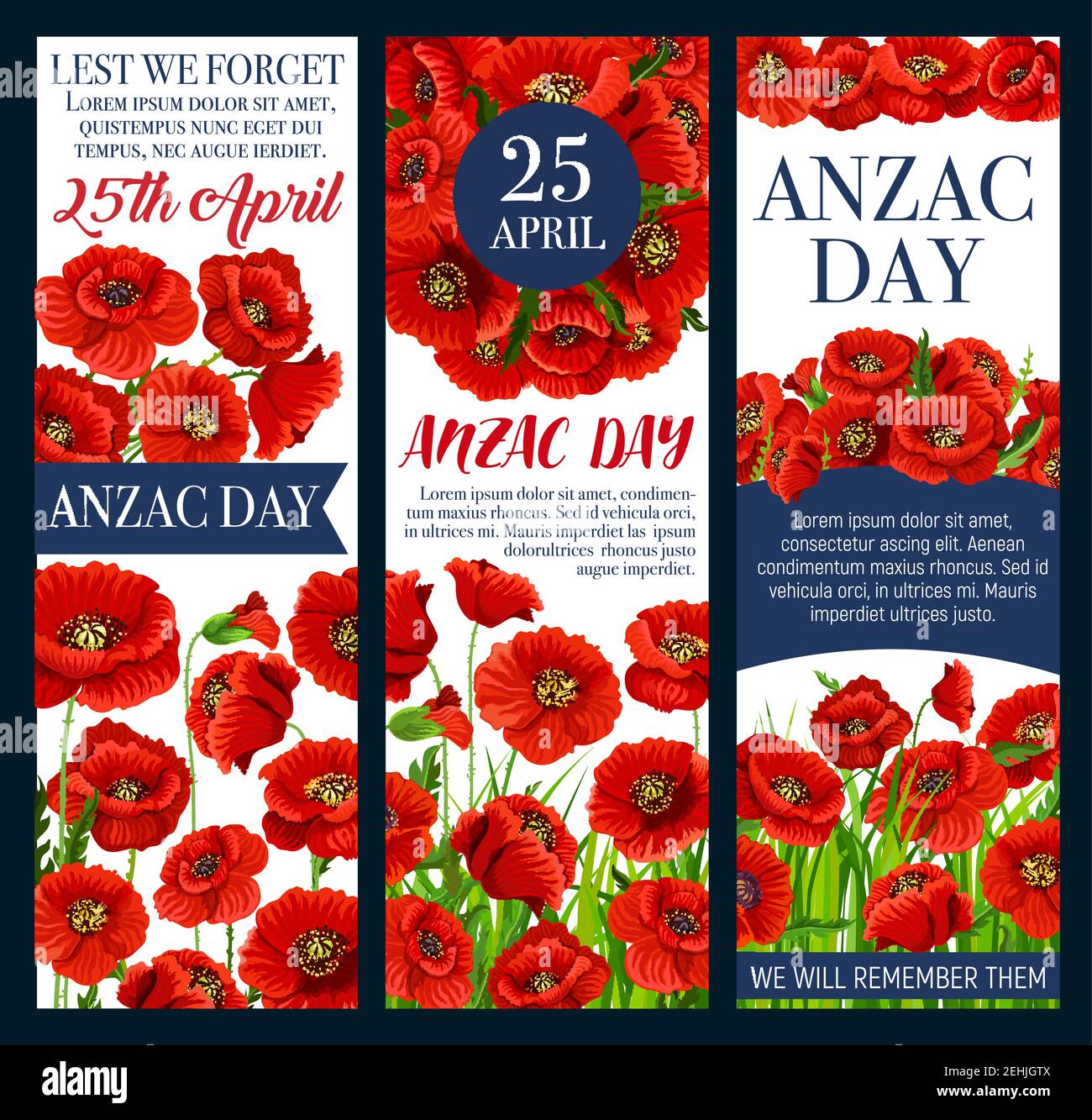 Anzac Day Lest We Forget festive banner design with poppy. Red flower ...