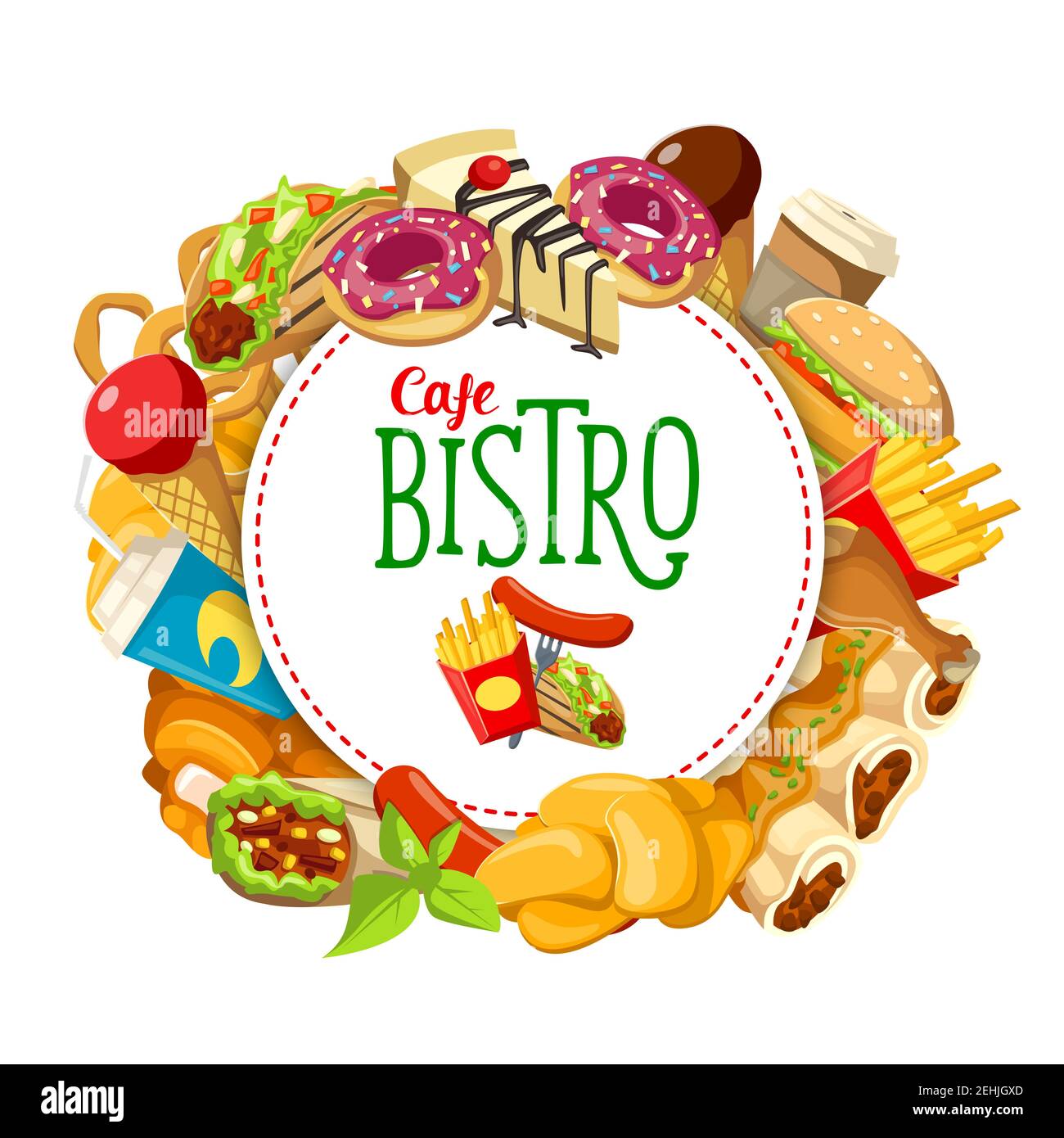 Cafe bistro poster with fast food lunch dishes and drinks frame. Burger ...