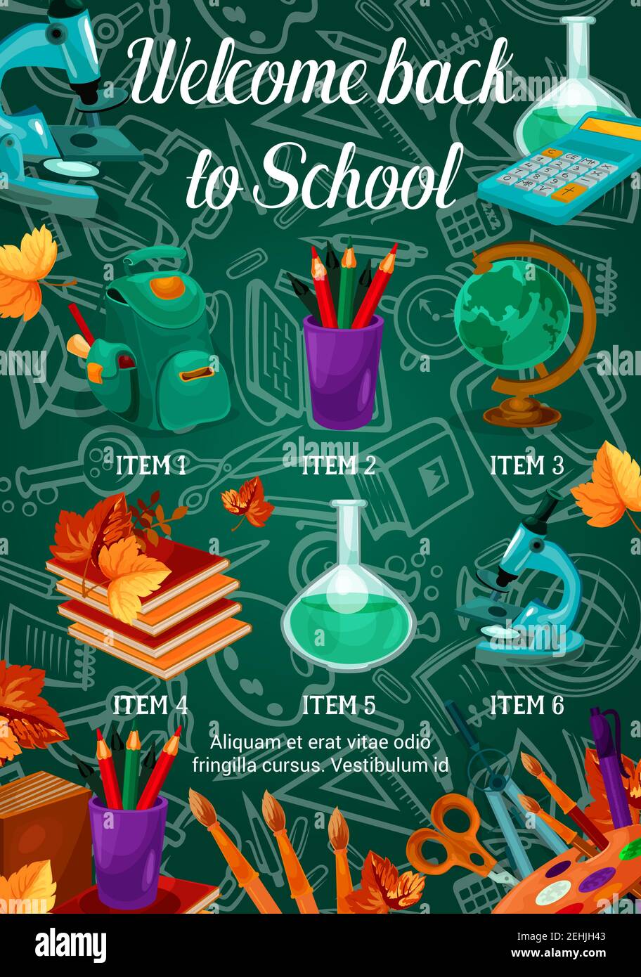 Welcome Back to School poster of school bag or lesson stationery ...