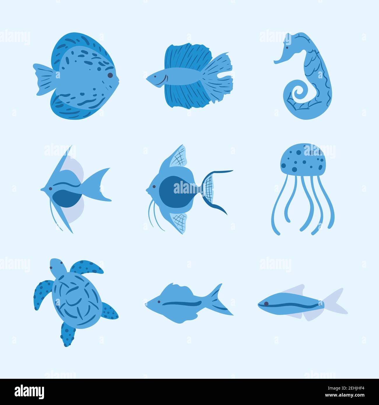 Blue sea animals icon set design life ecosystem fauna and ocean theme ...