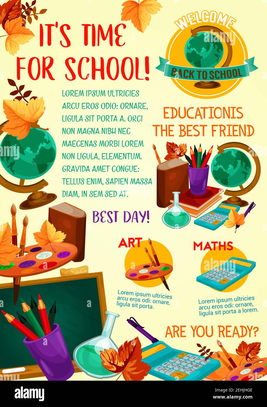 Back to school poster template with student supplies and classroom ...