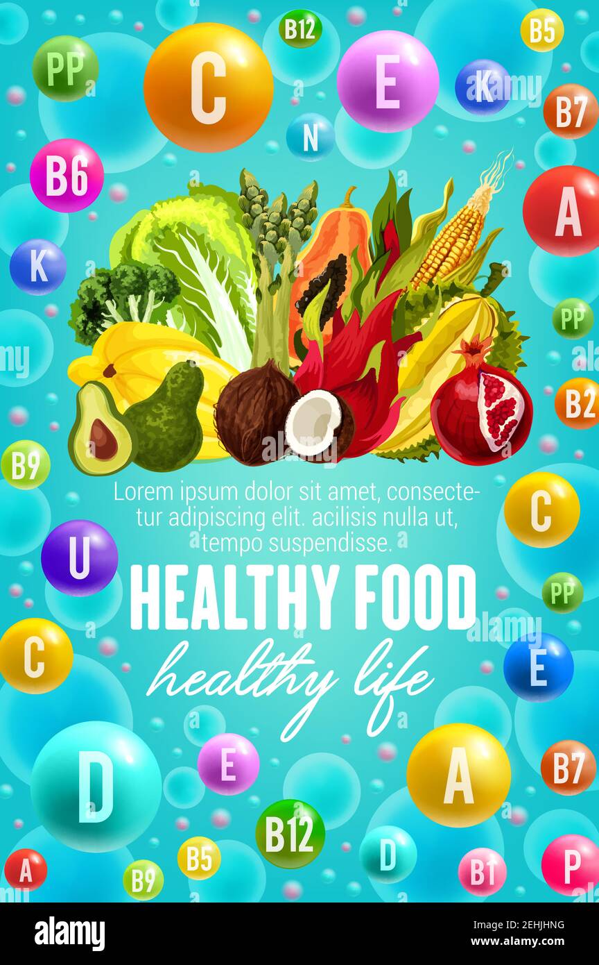 Vitamins in natural fruits, vegetables and nuts food. Vector poster for ...